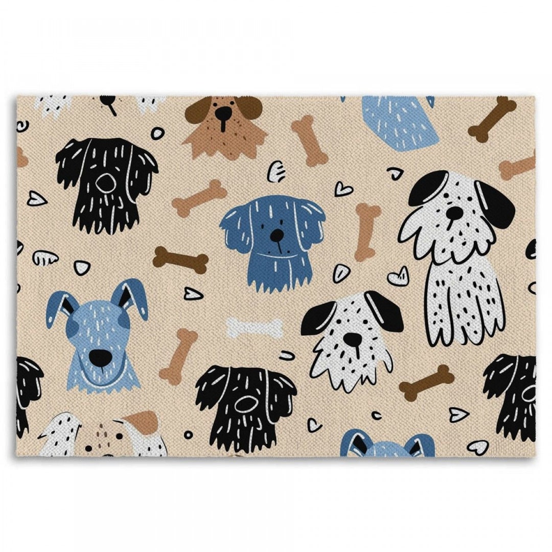 Doodle Rugs Cute Dogs and Bones Sketch Area Rug Beige Black and Blue ...