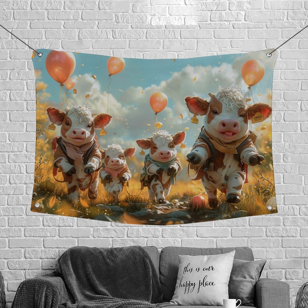 Animated Calves Wall Art, Artwork Wall Decor, Whimsical Scene Tapestry ...