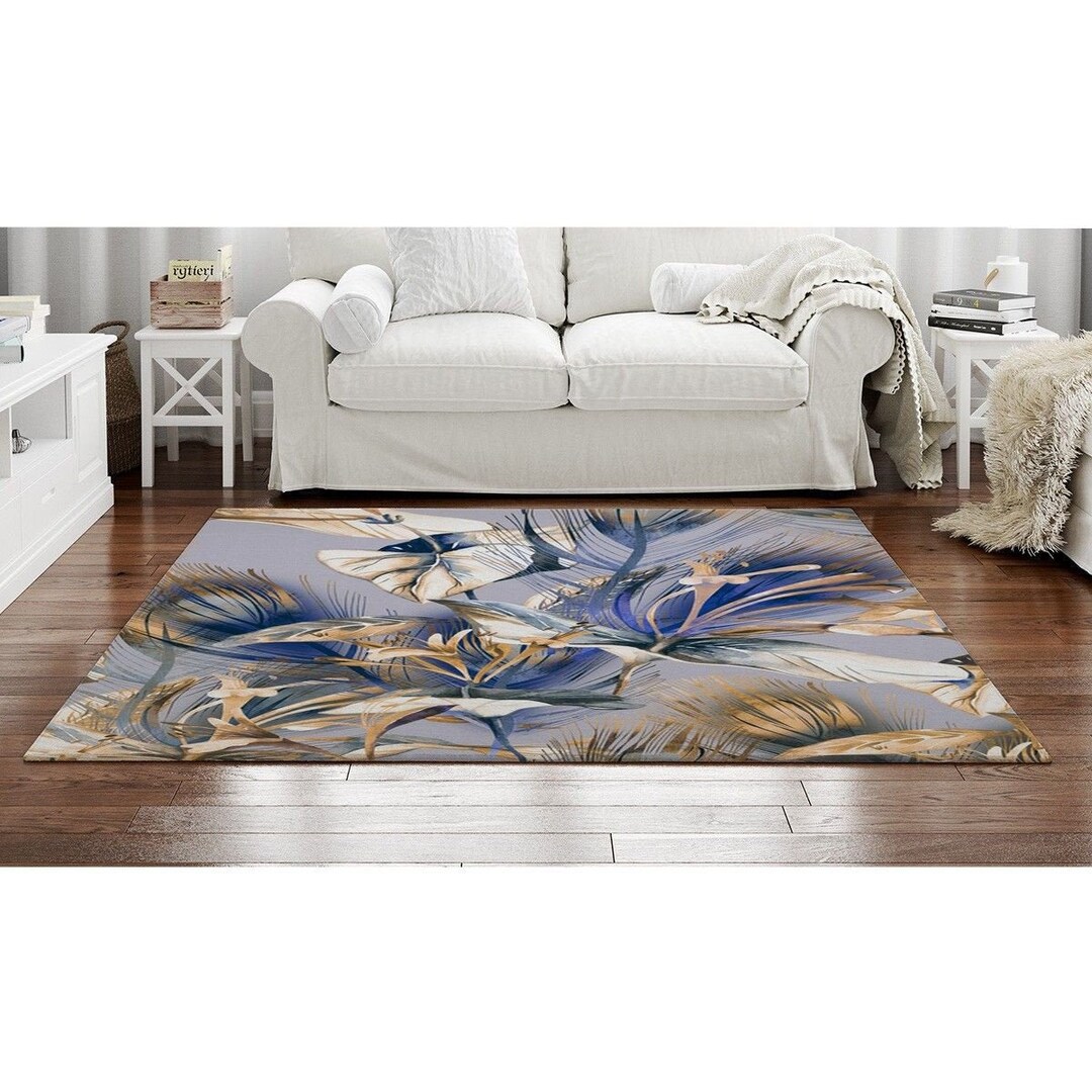 Blue and Gold Flower Area Rug Blue and Gold Area Rug Blue and - Etsy