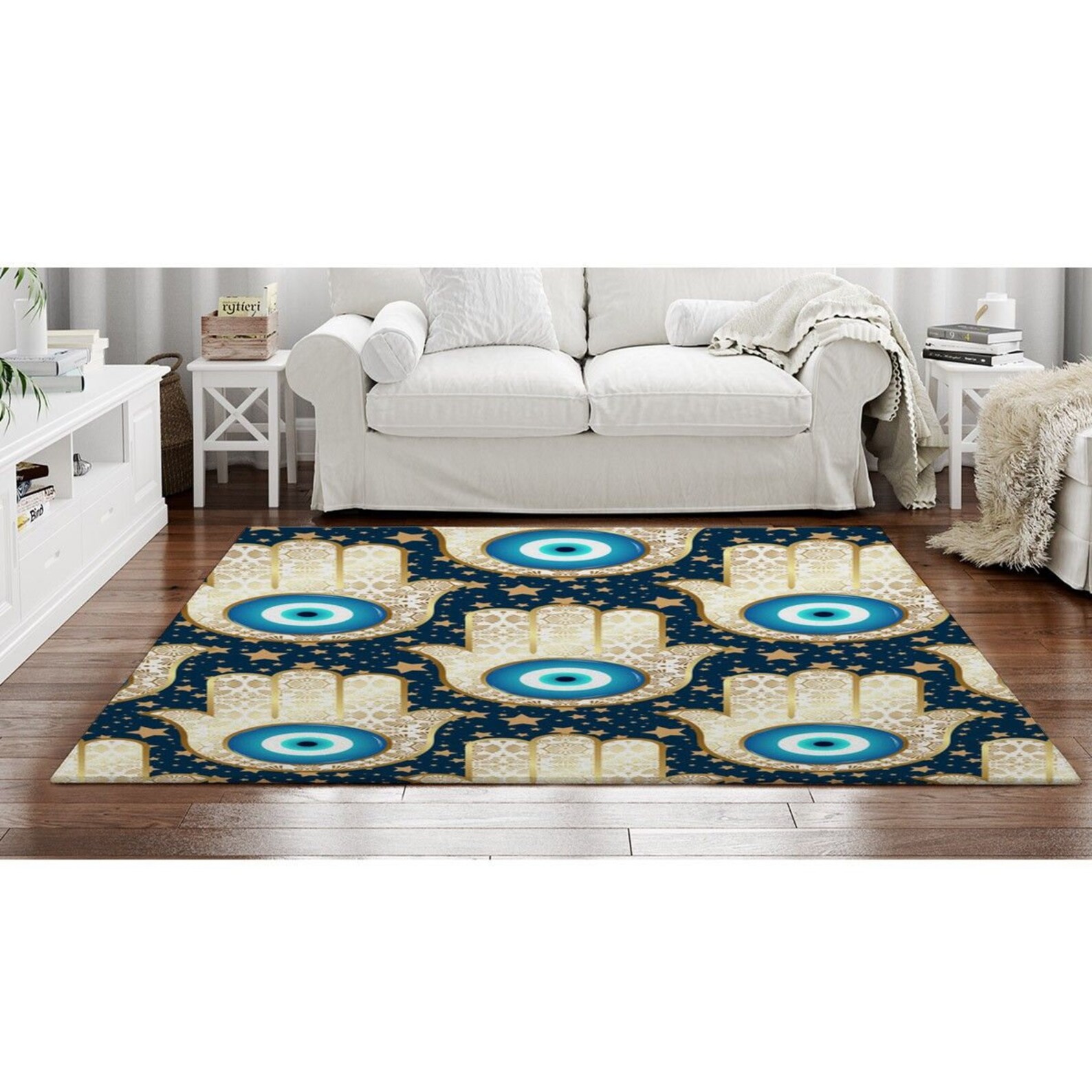Evil Eye Rugs Hamsa and Stars Pattern Area Rug Blue Gold and - Etsy