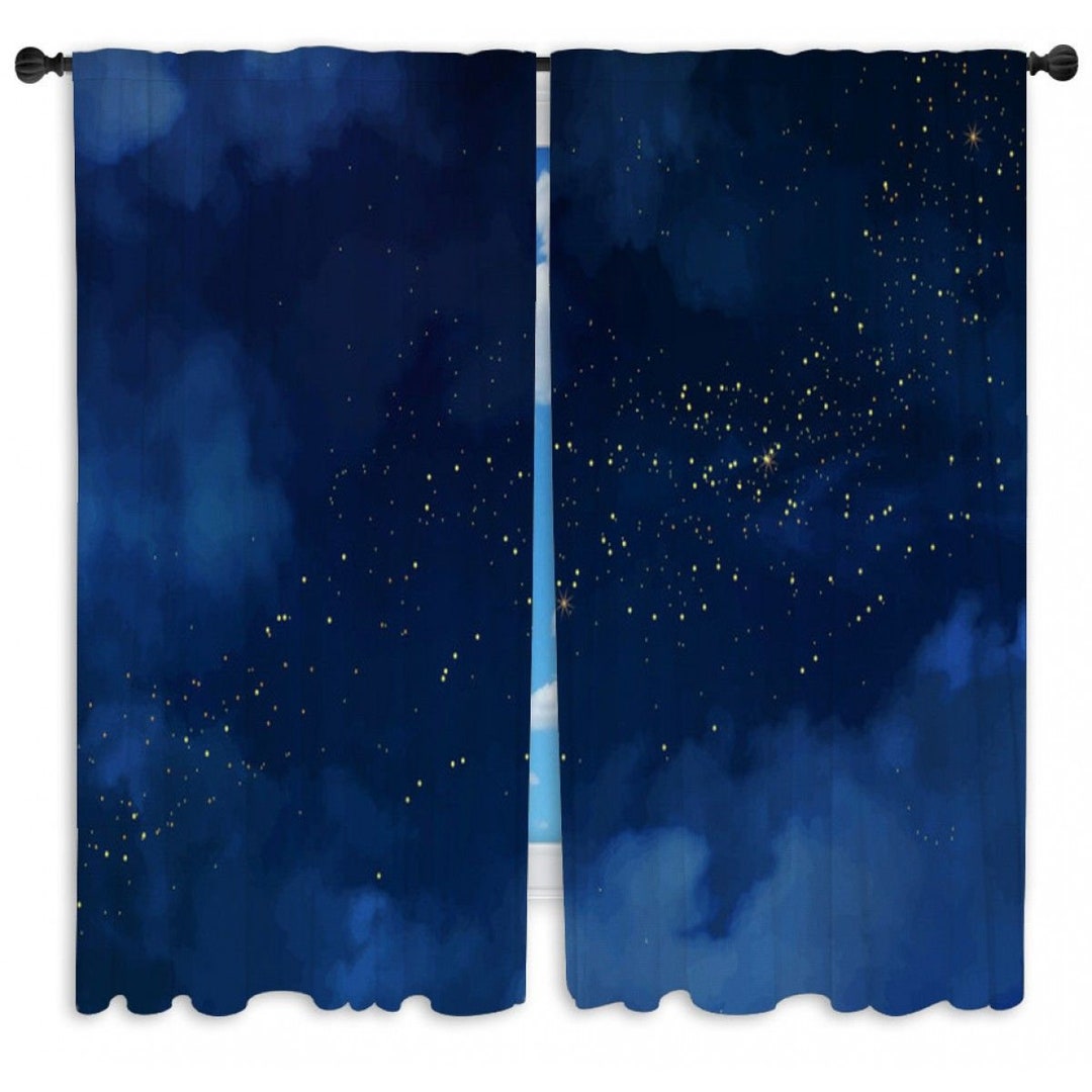 Night Sky Window Curtains Sky With Stars and Clouds Curtains Navy Blue ...
