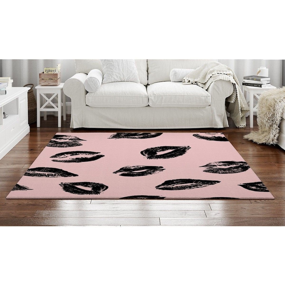 Blush Pink Area Rug, Black Lips Pattern – Custom Rug - Etsy