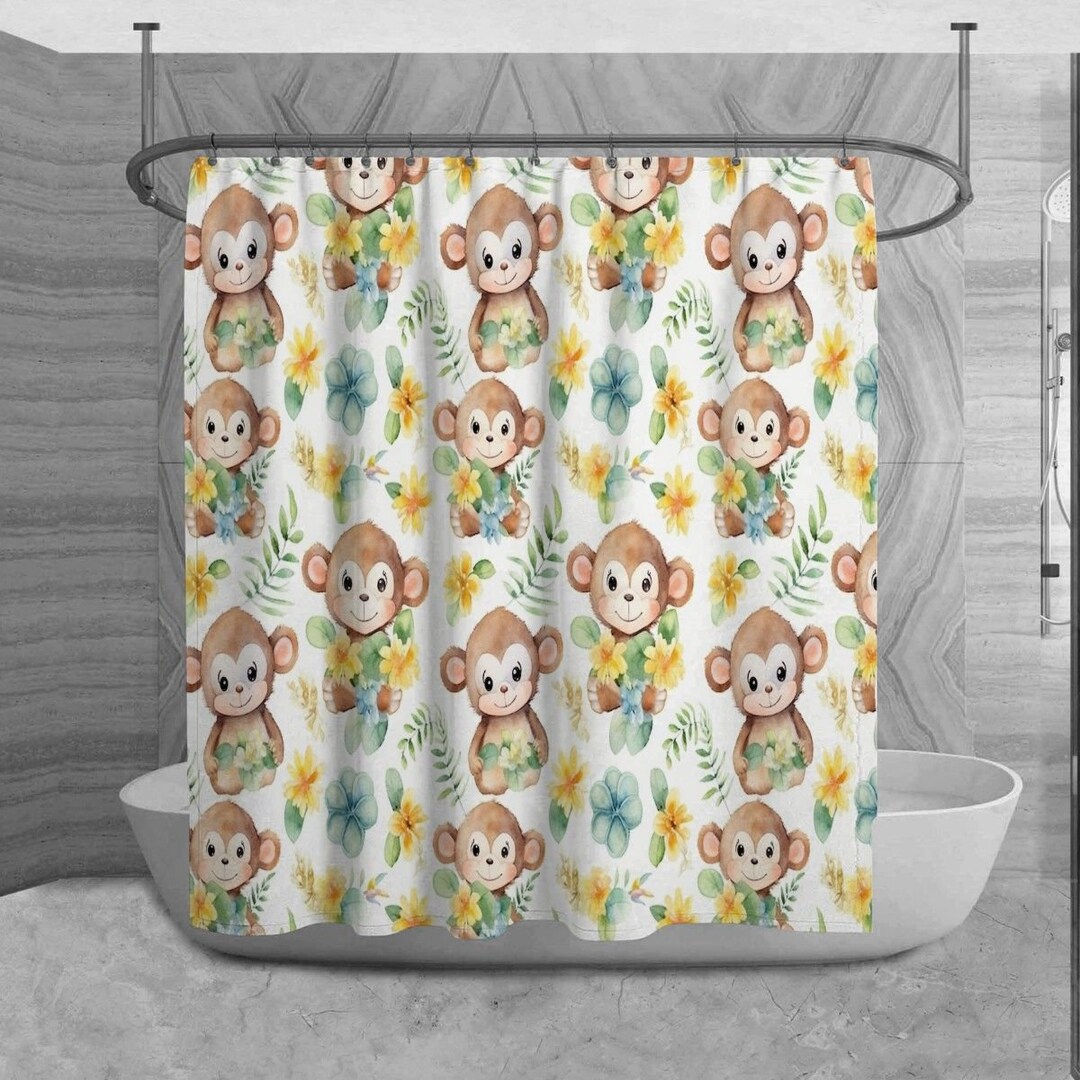 Monkey Shower Curtain, Cute Animal Bathroom Decor, Flowers Bath Decor ...