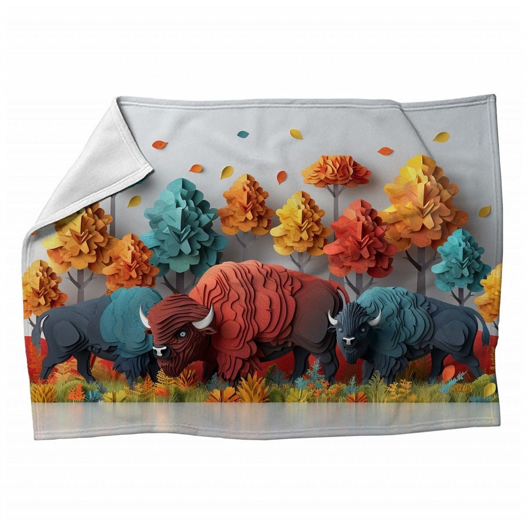 Bison Scene Blanket, Animal Blankets, Colorful Foliage Sherpa Blanket ...