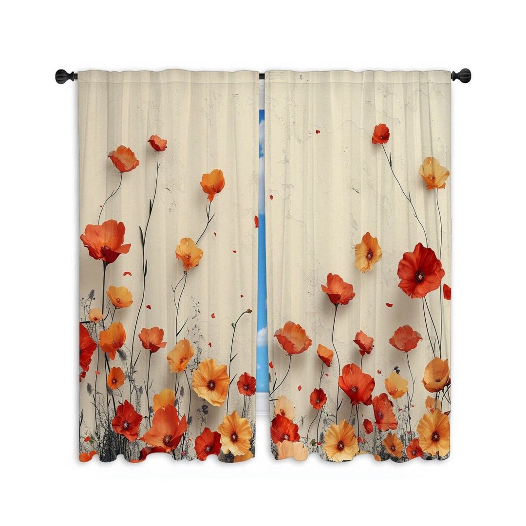 Poppies Window Curtain, Flower Curtains, Vibrant Curtain Panel, Realism ...