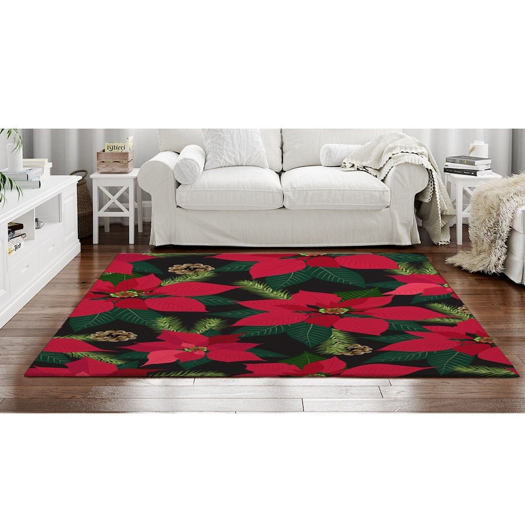 Poinsettia Rugs Poinsettias and Pine Leaves Area Rug Red and Green Area ...