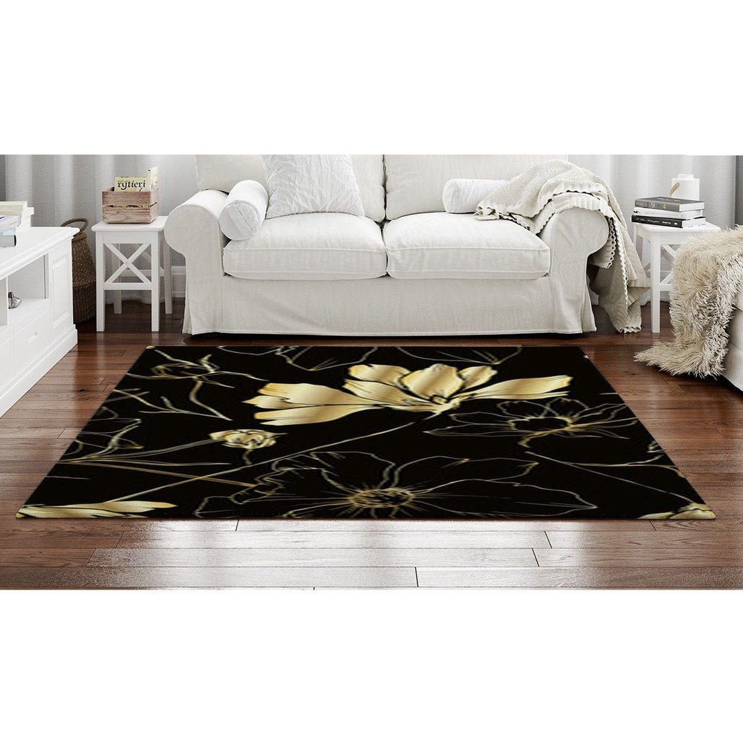 Black and Gold Area Rug Black and Gold Rug Floral Accent Rug - Etsy
