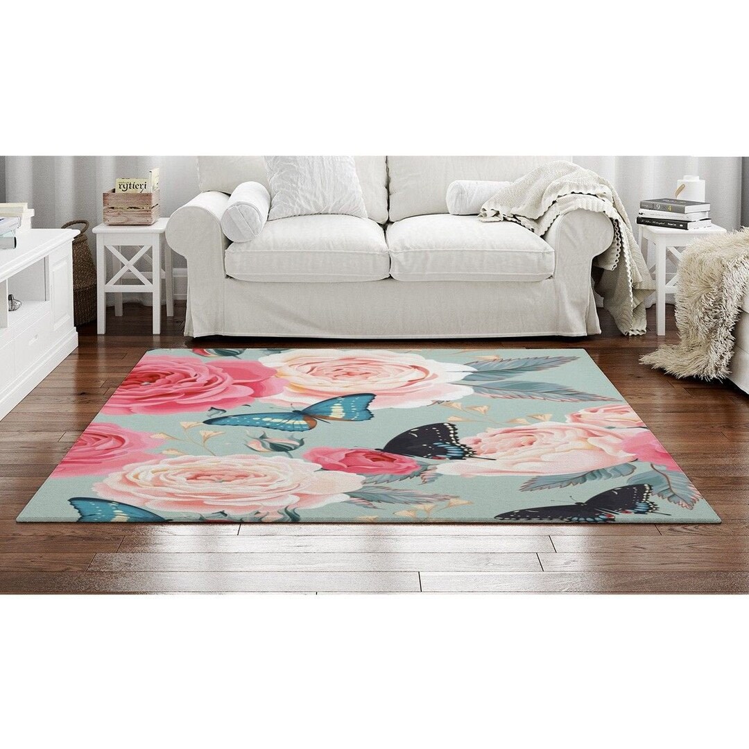 Roses Area Rug Mint and Pink Rug Butterfly Rug Floral Area Rug Chic ...