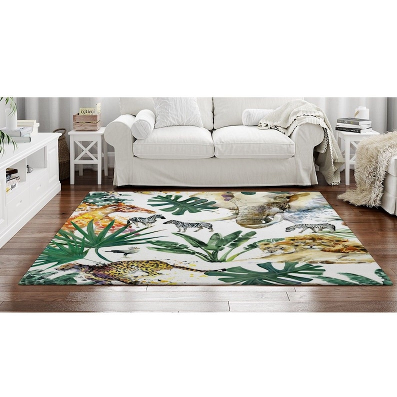 Wildlife Rugs Animals and Tropical Plants Area Rug White - Etsy