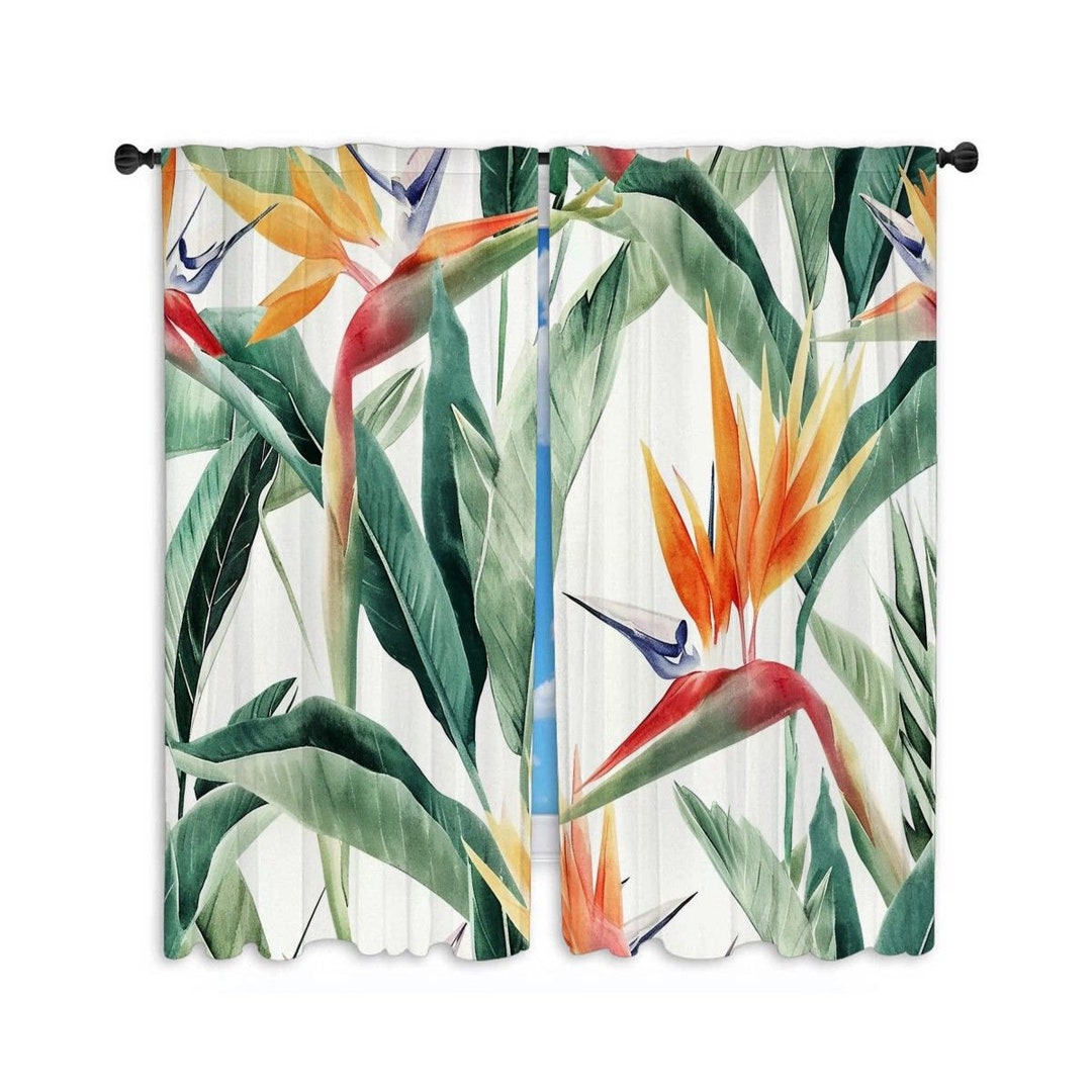 Light Tropical Window Curtains Bird of Paradise Curtains White Green ...