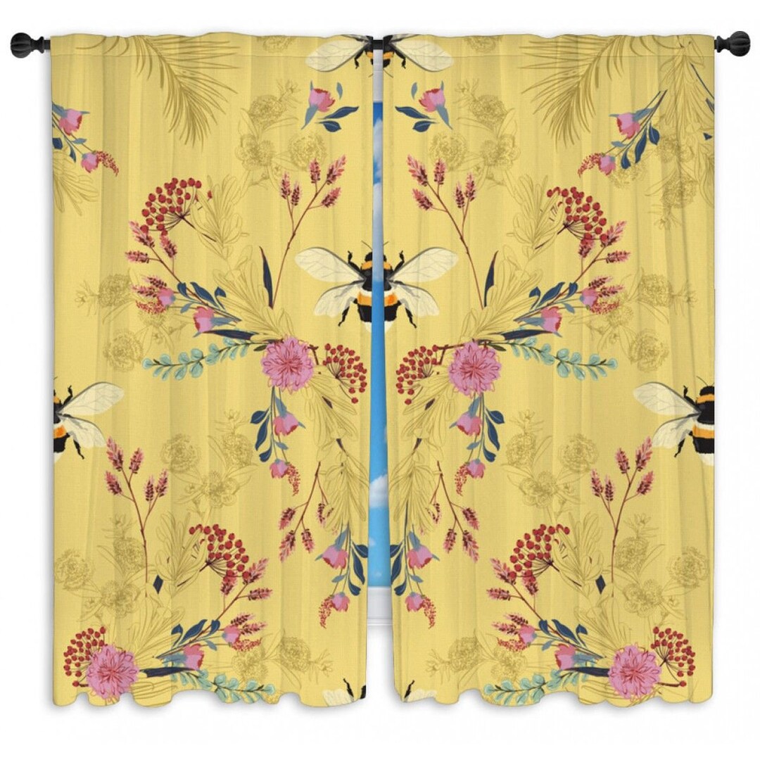 Bee Window Curtains Garden Flowers and Bees Curtains Yellow - Etsy
