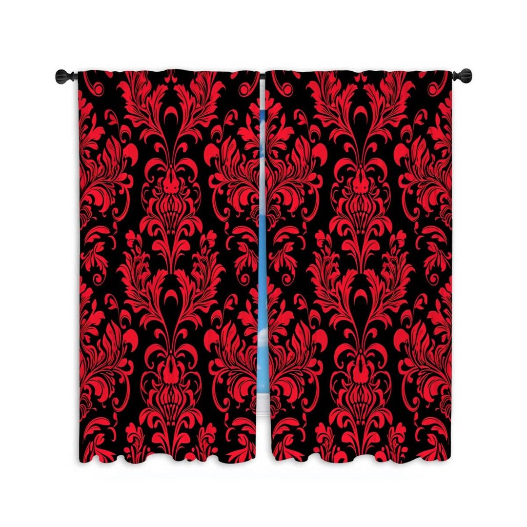 Damask Window Curtains Abstract Baroque Curtain Panels Black And Red ...