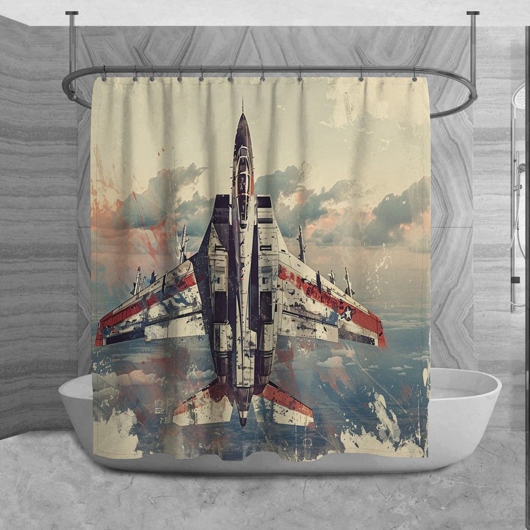 Fighter Jet Shower Curtain, Military Bathroom Decor, Aircraft Bath Mat ...