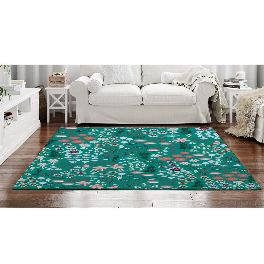 Turquoise Wild Flowers Rug Cute Ditsy Floral Area Rugs Teal White Peach ...