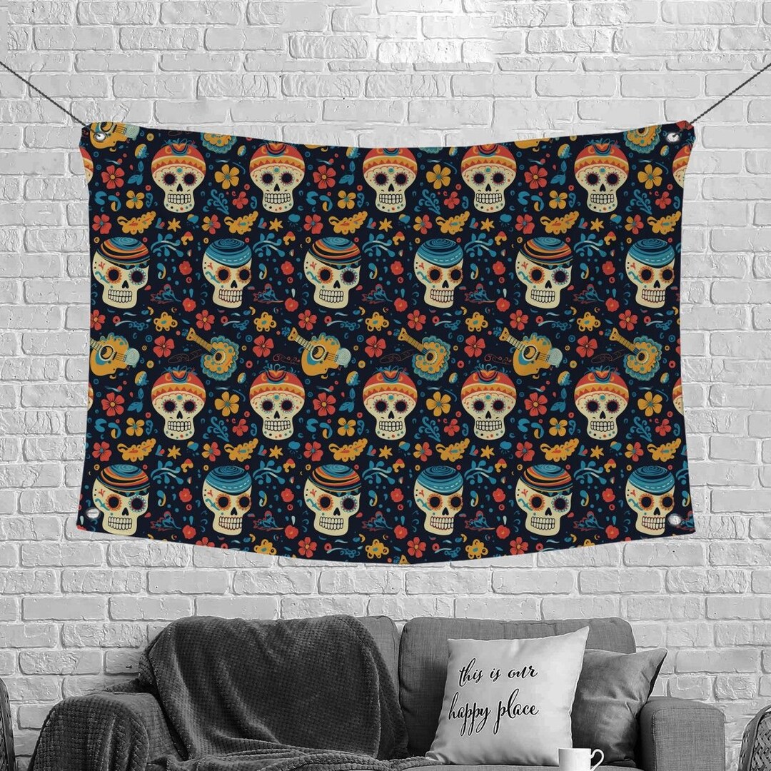 Mexican Wall Art, Calavera Wall Decor, Floral Tapestry, Sugar Skull ...