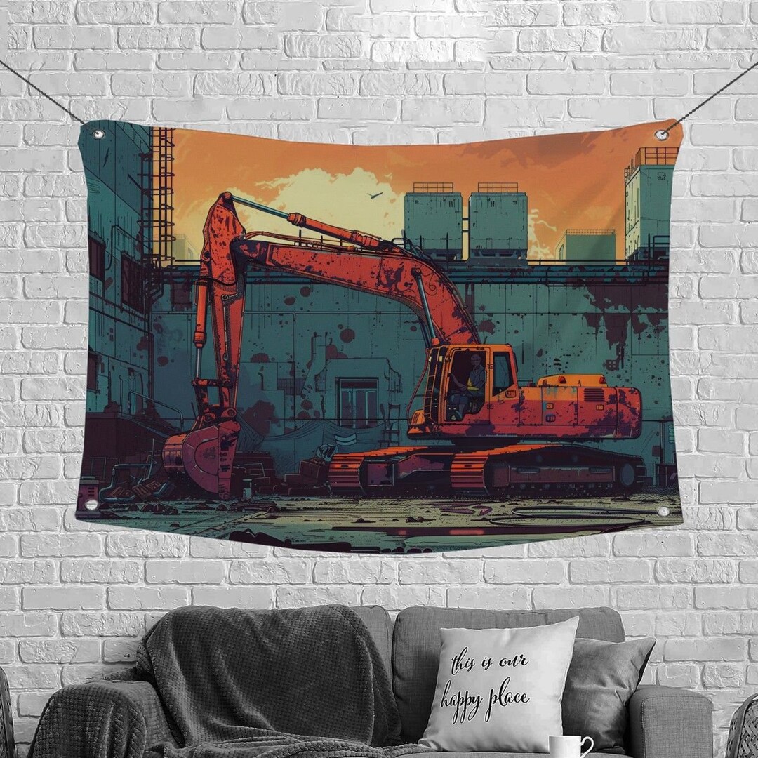 Excavator Wall Art, Construction Wall Decor, Industrial Tapestry, Cartoon Canvas Wrap, Rustic ...