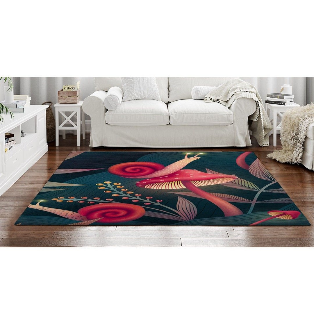 Snail Rugs Snails and Mushrooms Area Rug Teal Red and Yellow Area Rugs ...