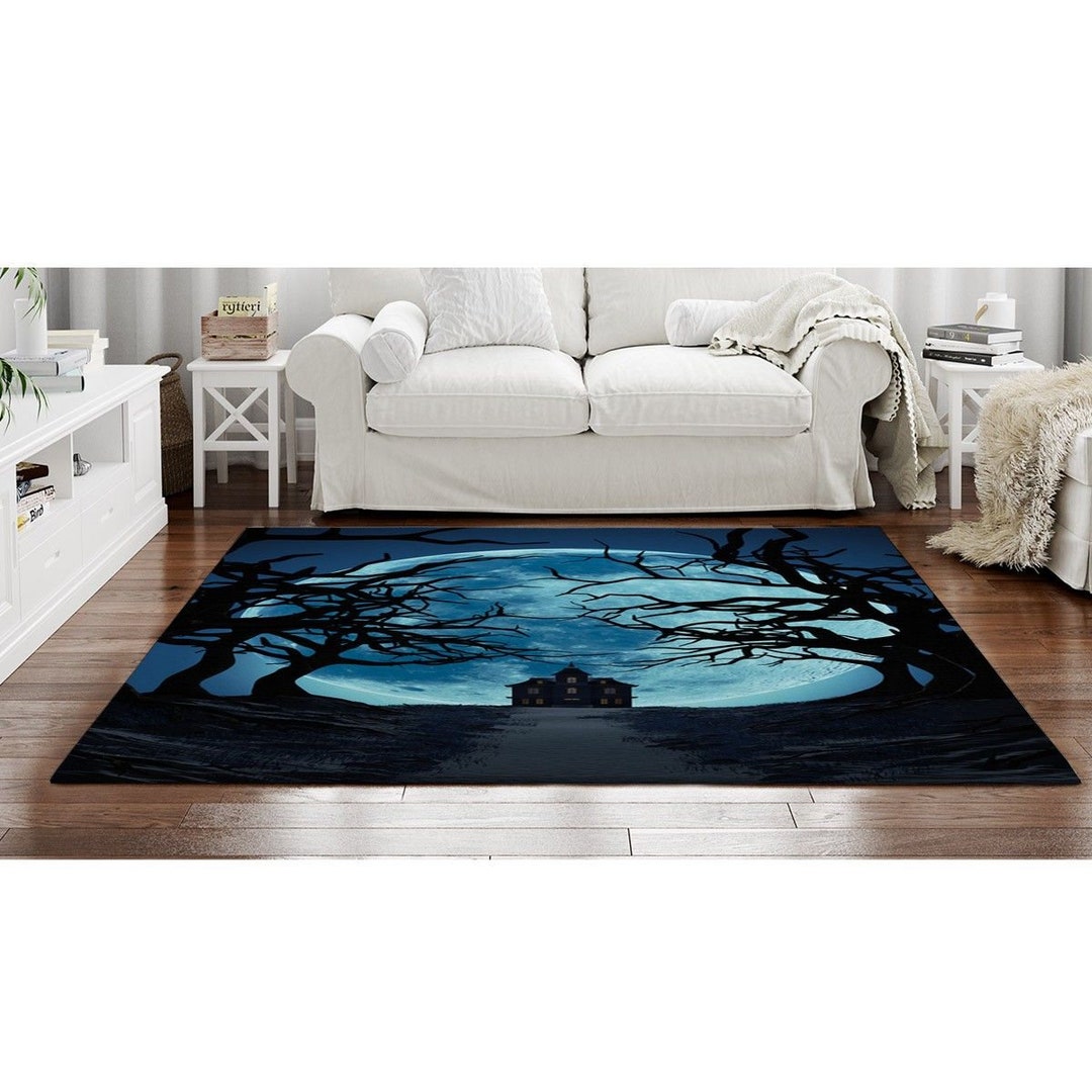 Haunted House Rugs Scary House and Dark Trees Area Rug Blue and Black ...