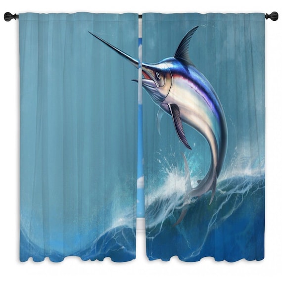 Fish Window Curtains Sword Fish Jumping Waves Curtains Blue - Etsy