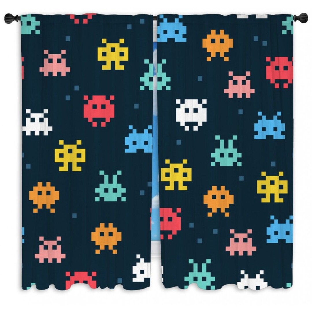 90s Window Curtains Colorful Pixel Monsters Curtains Blue Yellow and ...