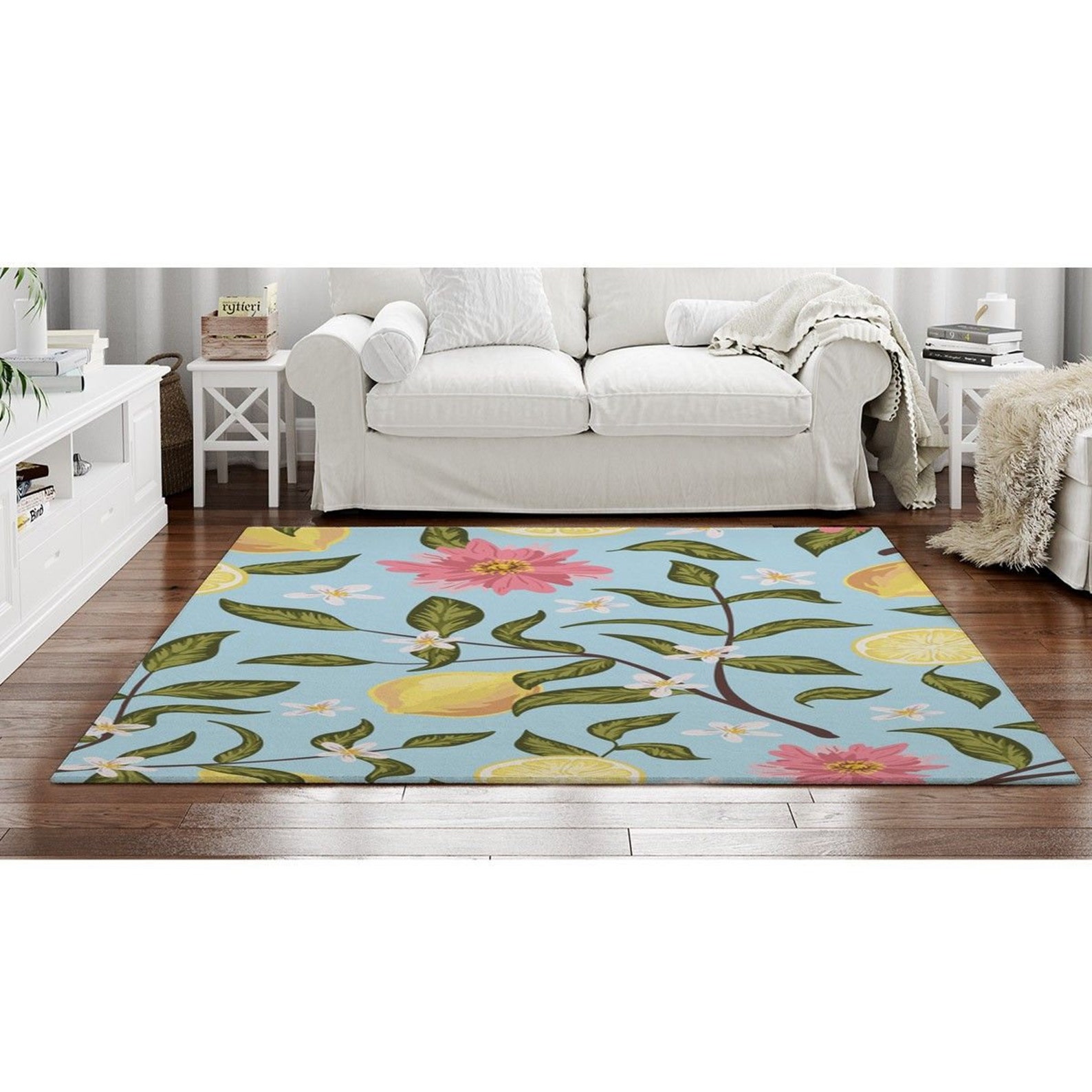 Lemon Rugs Hand Drawn Lemons and Flower Area Rug Blue Green - Etsy