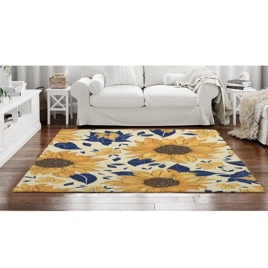 Yellow and Navy Rugs Sunflowers and Leaves Area Rug Mustard Yellow and ...