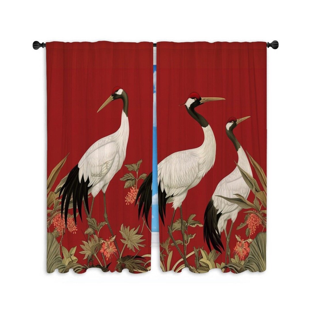 Chinoiserie Window Curtains White Cranes Curtains Red Drapes Crimson ...