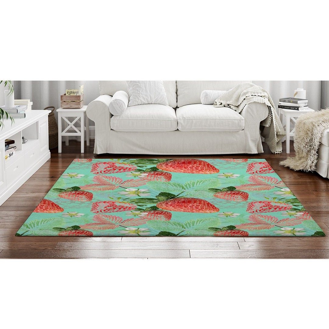 Strawberry Rugs Strawberries and Flower Art Area Rug Green and Red Area ...