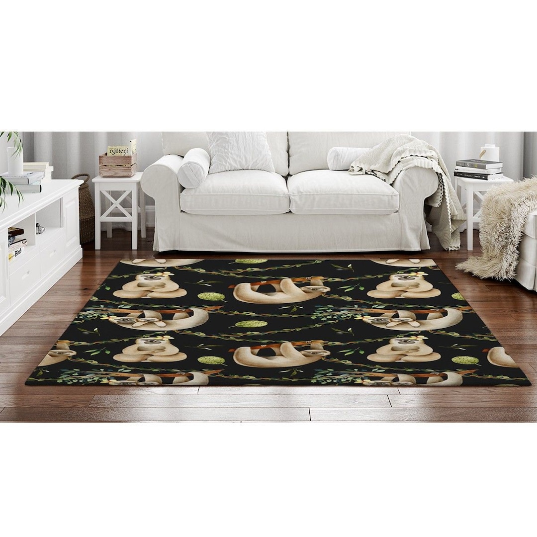 Sloth Rugs Watercolor Sloth Pattern Area Rug Black Area Rugs Sloths ...
