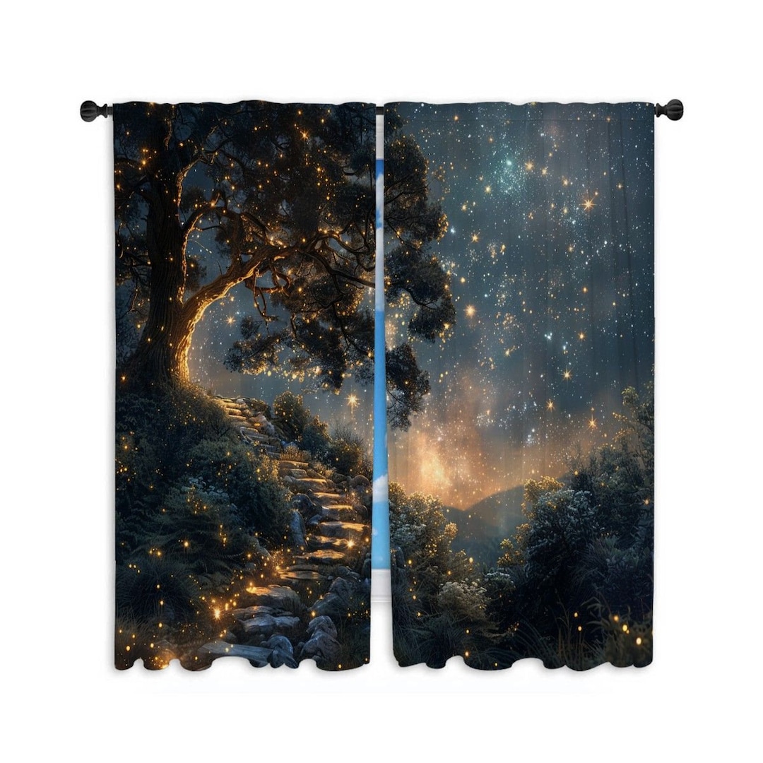 Starry Night Window Curtain: Magical Landscape, Fantasy Home Decor - Etsy