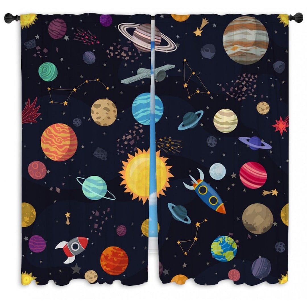 Solar System Window Curtains Planets and Spaceships Curtains Dark Blue ...