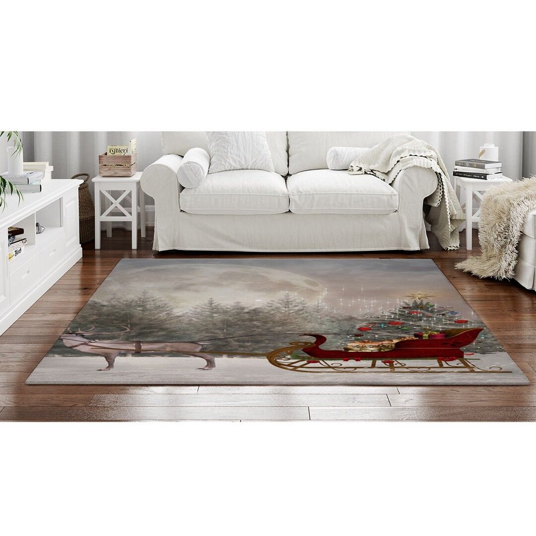 Reindeer Rugs Reinder With Sleigh Area Rug Grey Brown and Red Area Rugs ...
