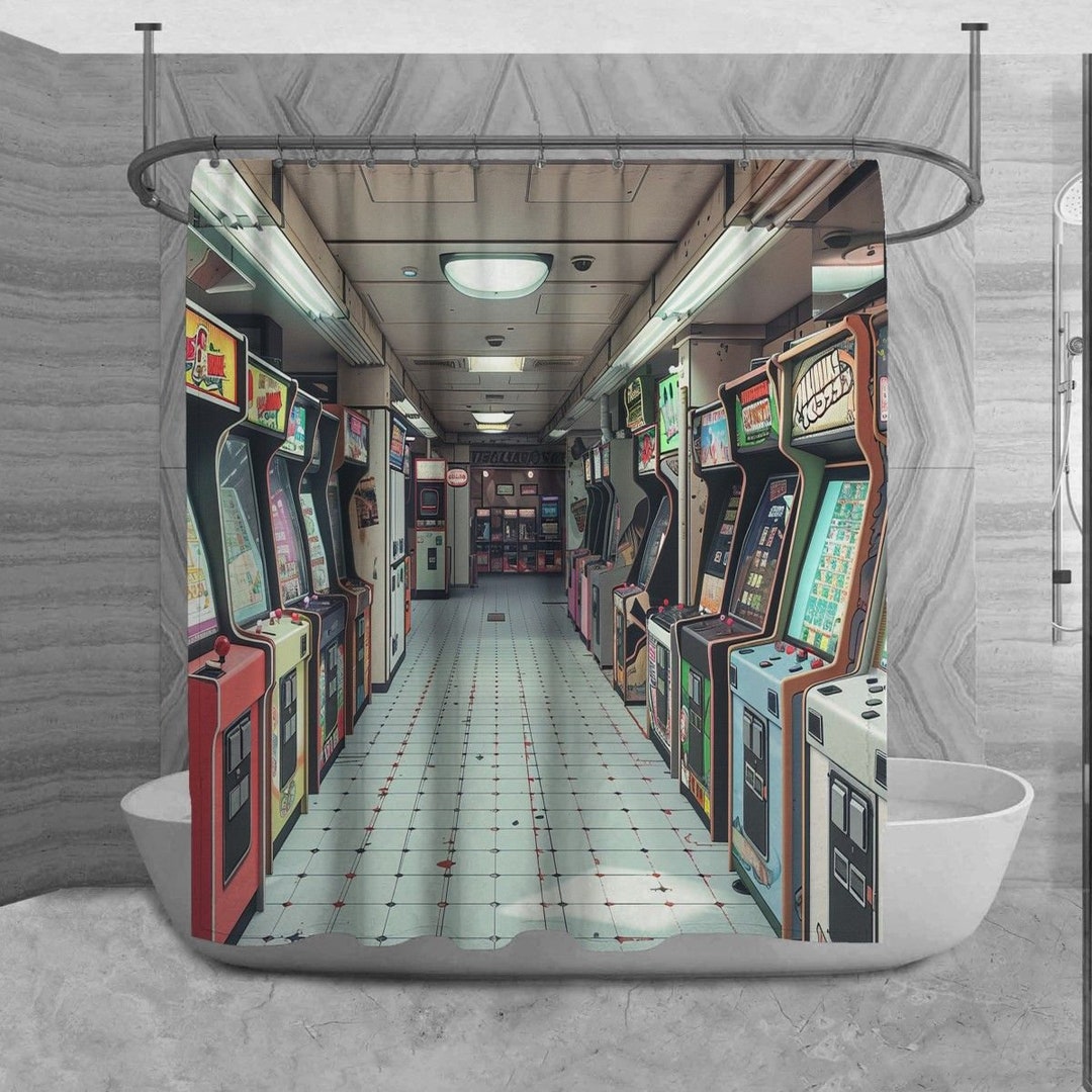 Arcade Shower Curtain, Games Bathroom Decor, Retro Bath Mat ...