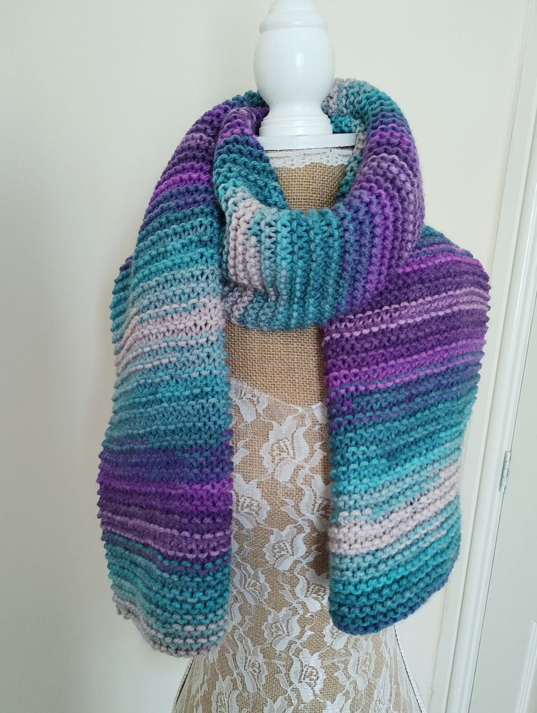 Chunky Hand Knitted Oversized Blue and Purple Scarf Handmade Chunky ...