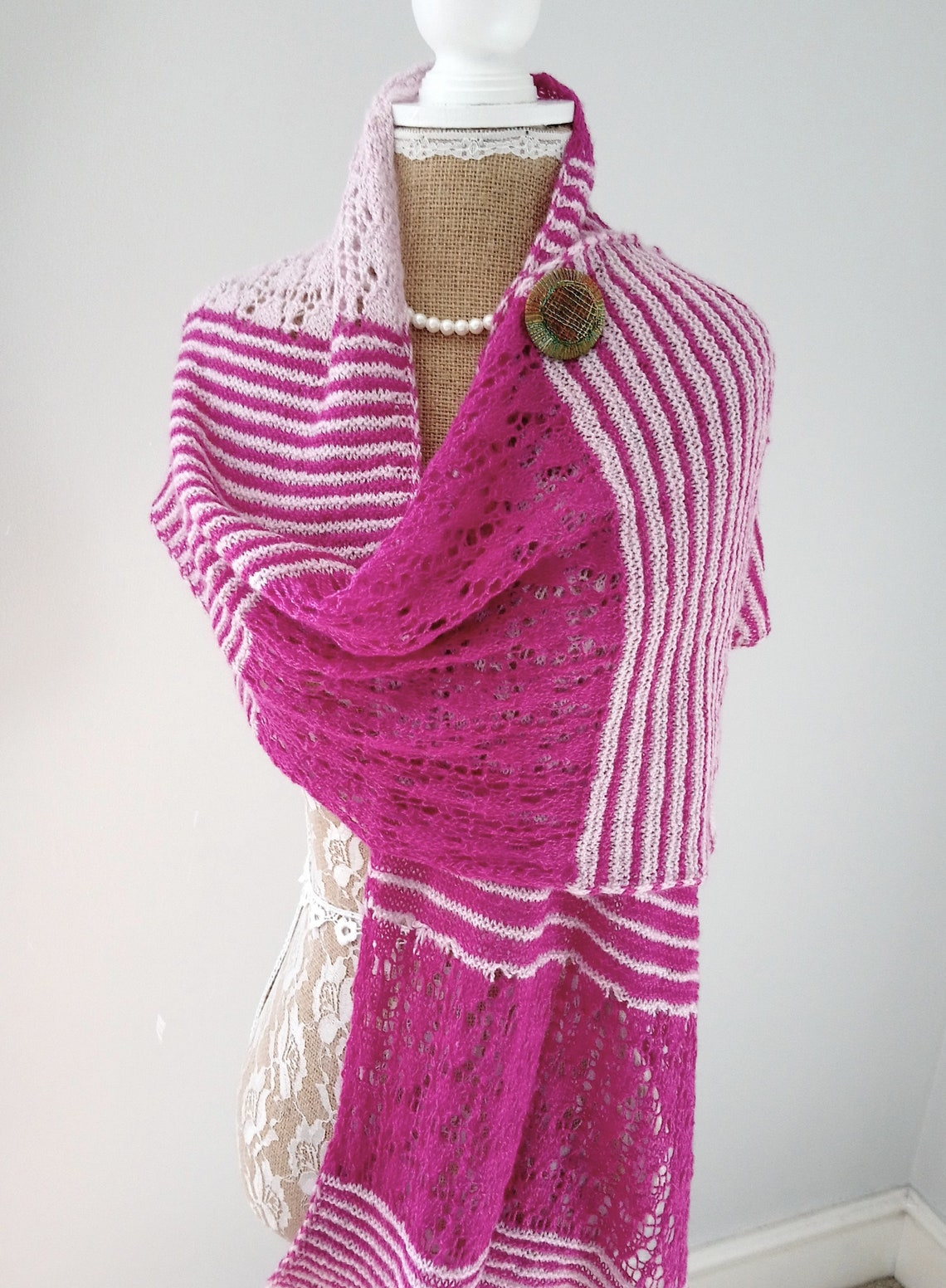 Hand knitted wide lacy scarf Lacy knit pink scarf Long | Etsy