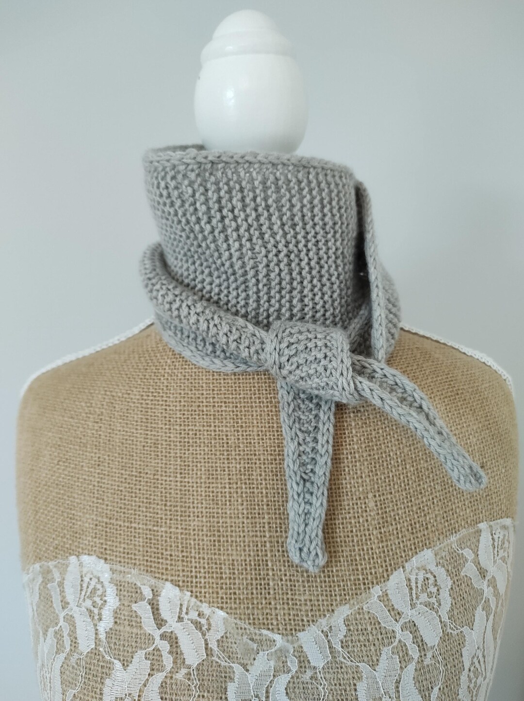 Hand Knitted Merino Yarn Grey Colour Mini Scarf Tapered Neckerchief ...