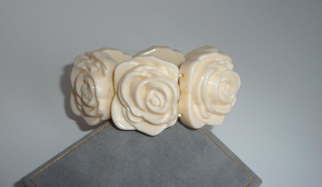 Chunky Vintage Cream Rose Flower Stretch Panel Bangle Bracelet – 50s ...