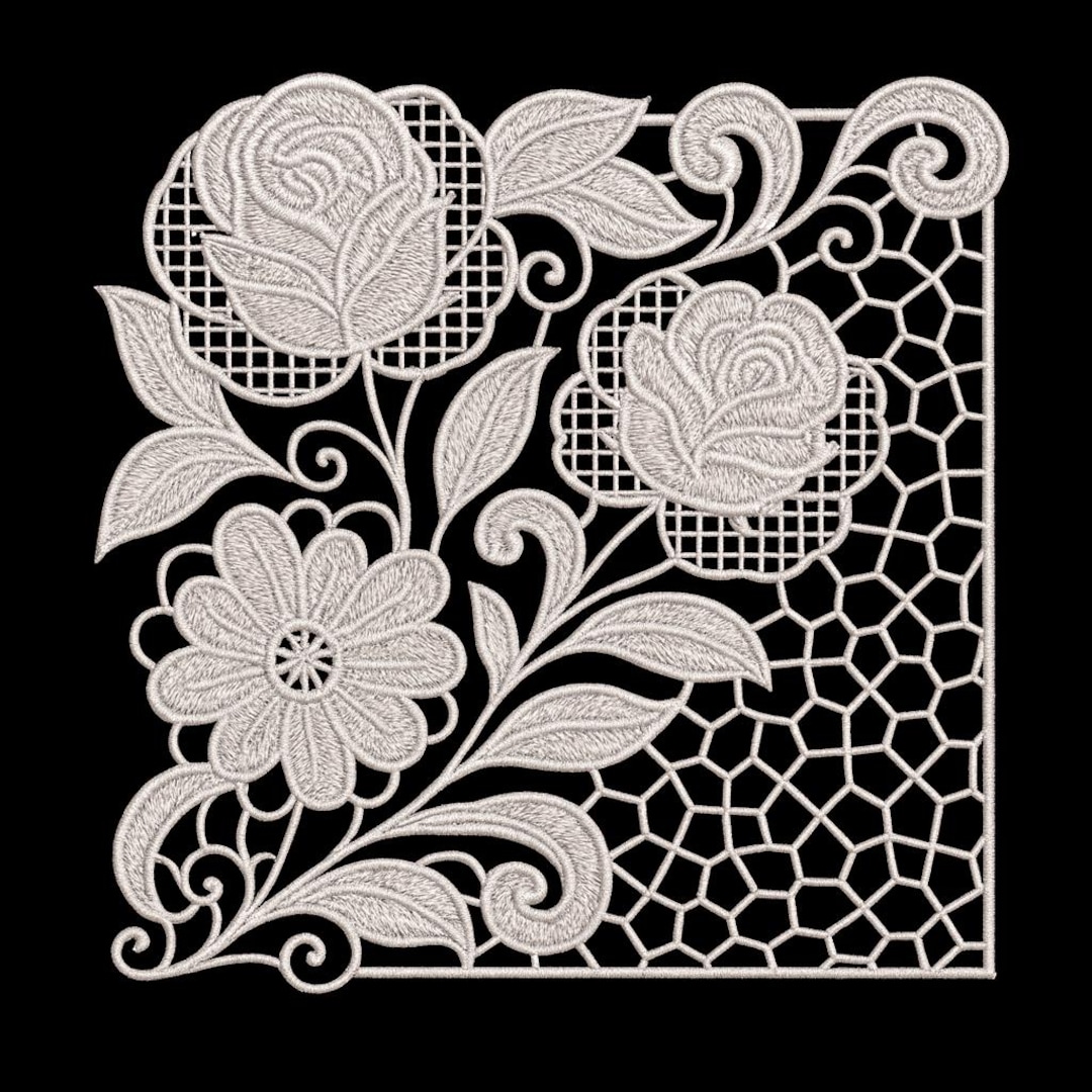 Floral Cutwork Corner Embroidery Design, Lace Roses Machine Embroidery ...