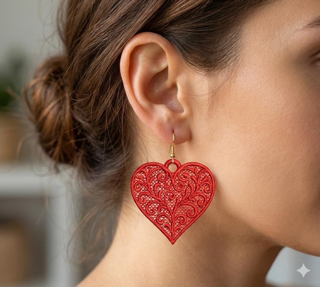 Lace Heart FSL Earring Embroidery Design, Valentine Pendant, Digital ...
