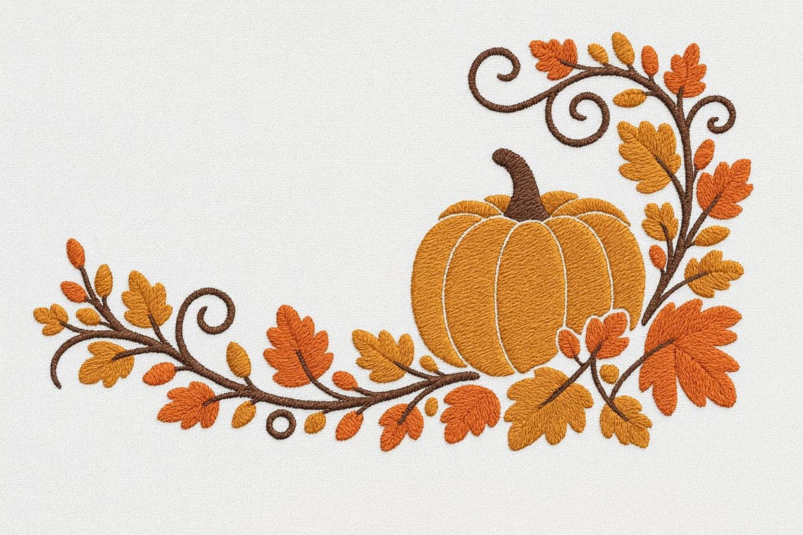 Pumpkin Corner Embroidery Design, Autumn Leaves Machine Embroidery ...