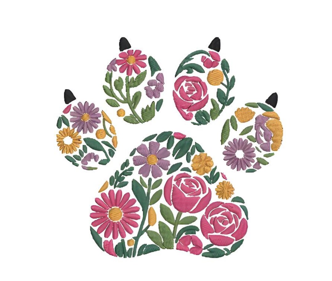Floral Paw Print Embroidery Design - Dog Cat Pet Flowers Machine ...