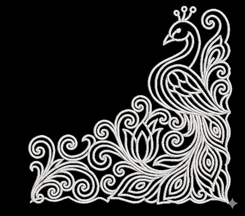 Peacock Corner Embroidery Design - Elegant Satin Stitch - Decorative ...