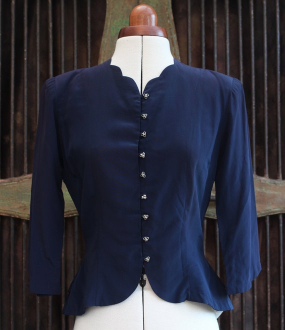 Vintage Early 1950s Navy Blue Scallop Neckline Frill … - Gem