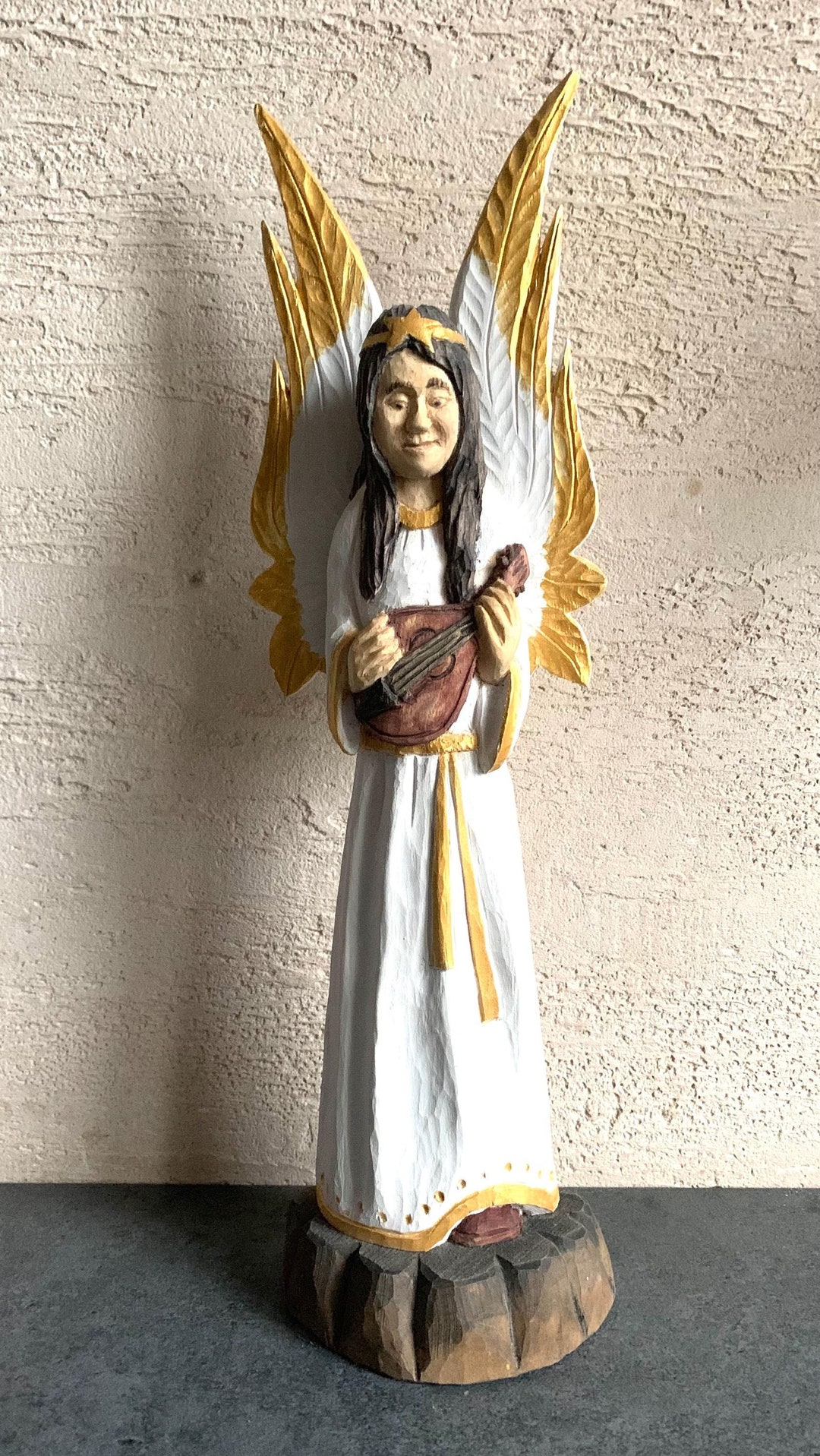 Angel Sculpture in Wood Hand Carved Angel Figurine Hand Painted Folk ...