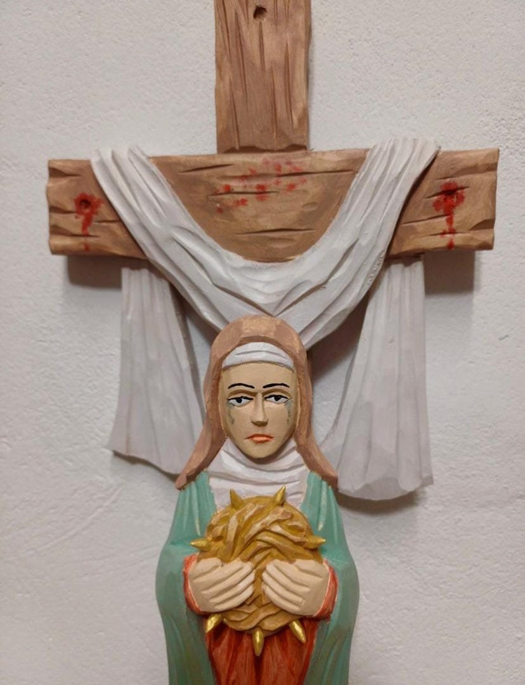 Our Lady of Seven Sorrows Unique Wood Carving Sculpture OOAK Sorrowful ...