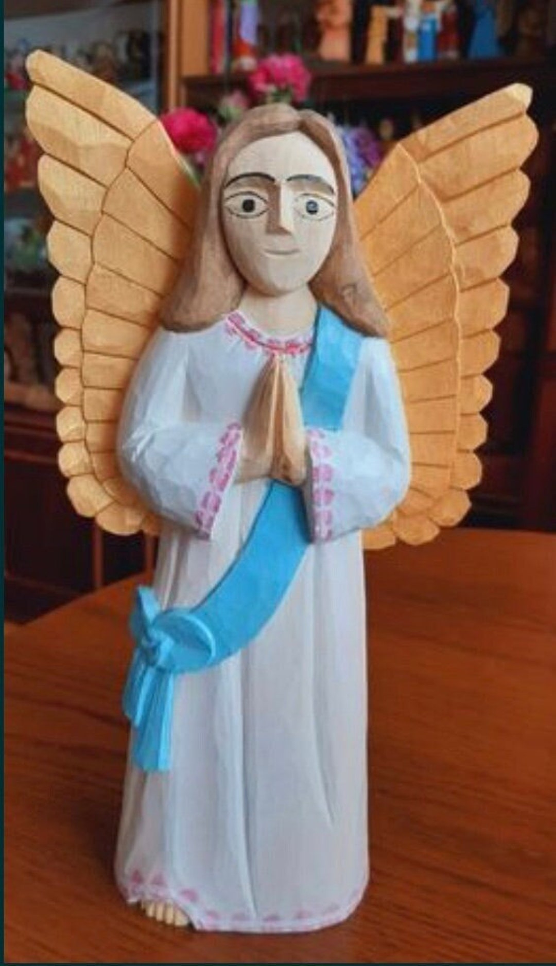 Wood Carved Angel Wooden Angel Statue Angel Figurine Unique Carving ...