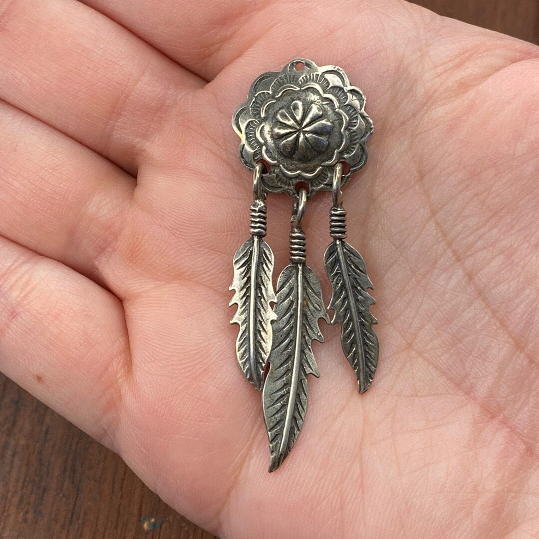 Vintage 925 Sterling Silver Native American Concho Feather Tribal ...