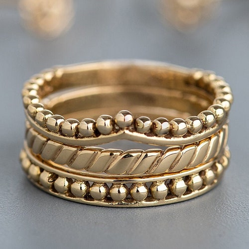 14K Gold Ring Set for Women Gold Stacking Rings Boho Wedding | Etsy