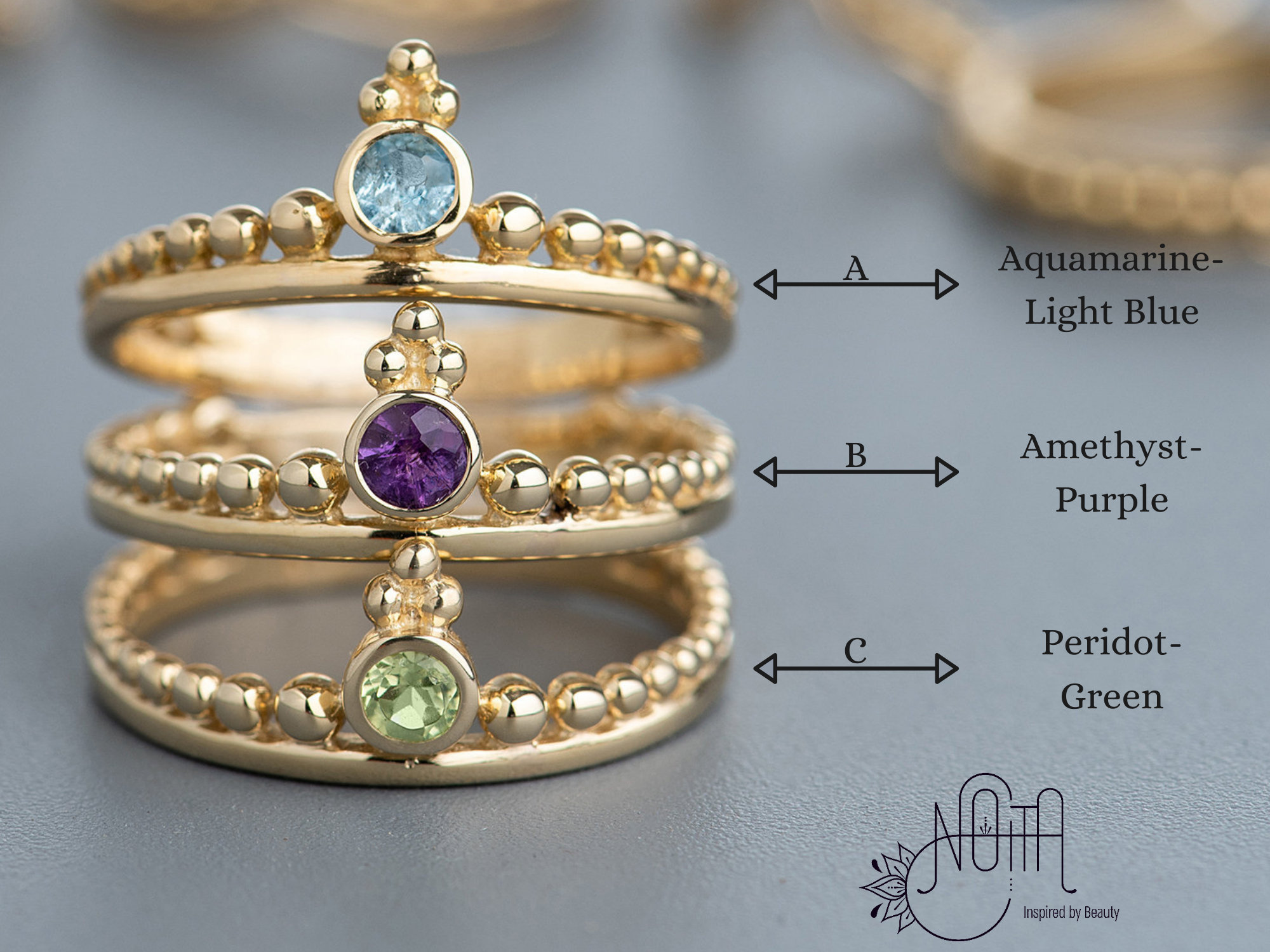 14K Solid Gold Stackable Ring Set, Women's Crown Gemstone Ring Set ...