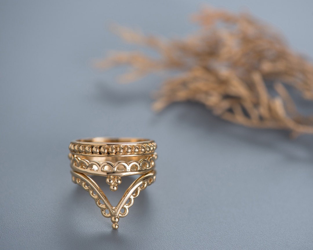 14k Gold Set of 3 Stackable Rings, Boho Solid Gold Stacking Ring Set ...
